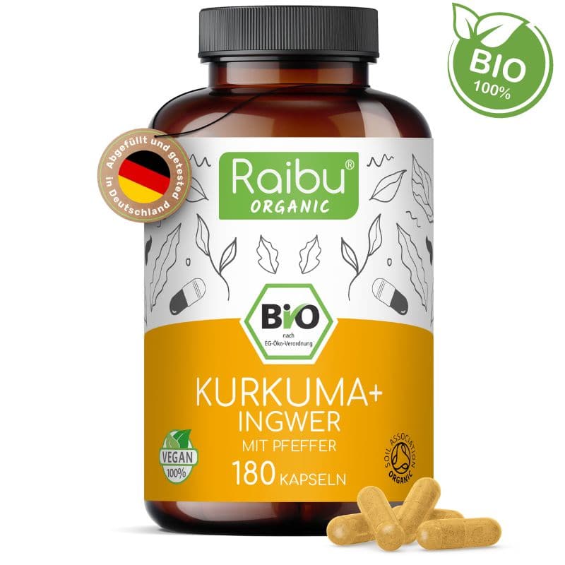 BIO Kurkuma Ingwer Kapseln mit schwarzer Pfeffer | Raibu Organic