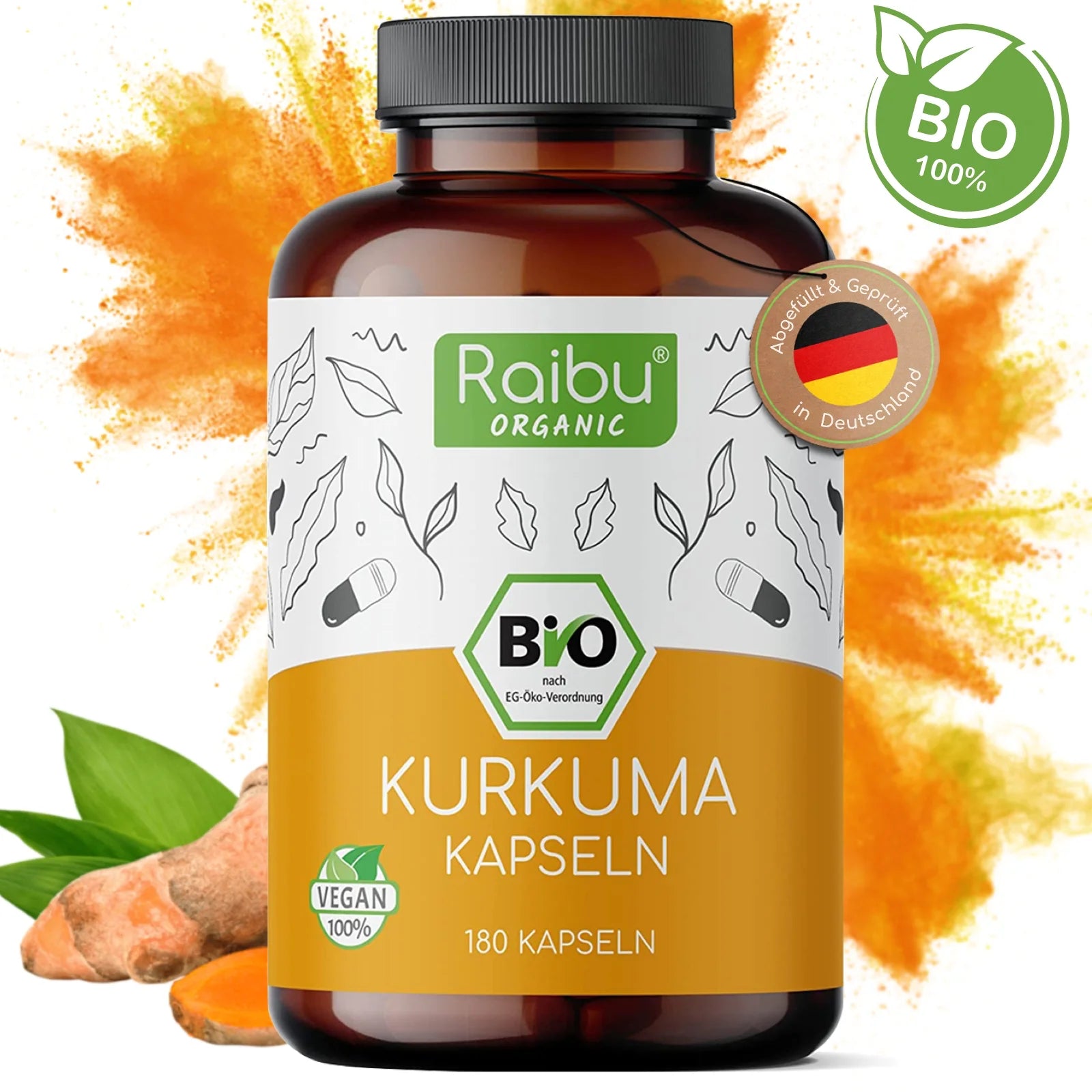 BIO Kurkuma Kapseln hochdosiert - 180 Curcuma Kapseln | Raibu Organic